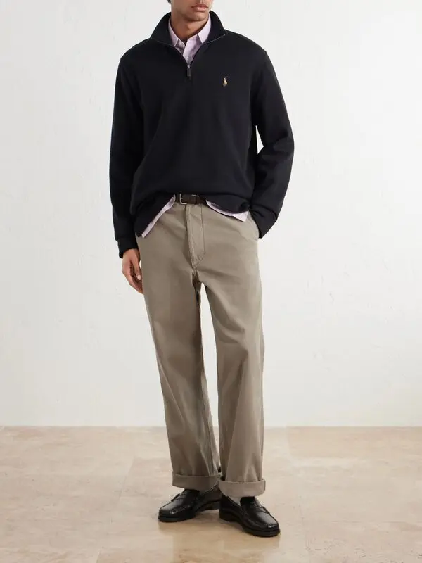 Polo Ralph Lauren Logo Embroidered Ribbed Cotton Half-zip Sweater - Black