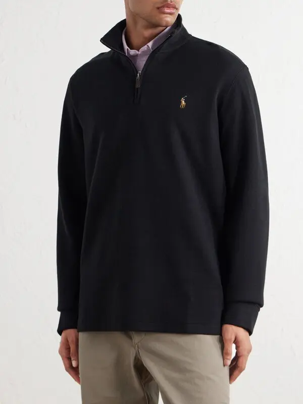 Polo Ralph Lauren Logo Embroidered Ribbed Cotton Half-zip Sweater - Black