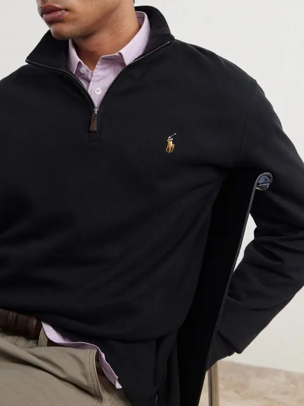 Polo Ralph Lauren Logo Embroidered Ribbed Cotton Half-zip Sweater - Black