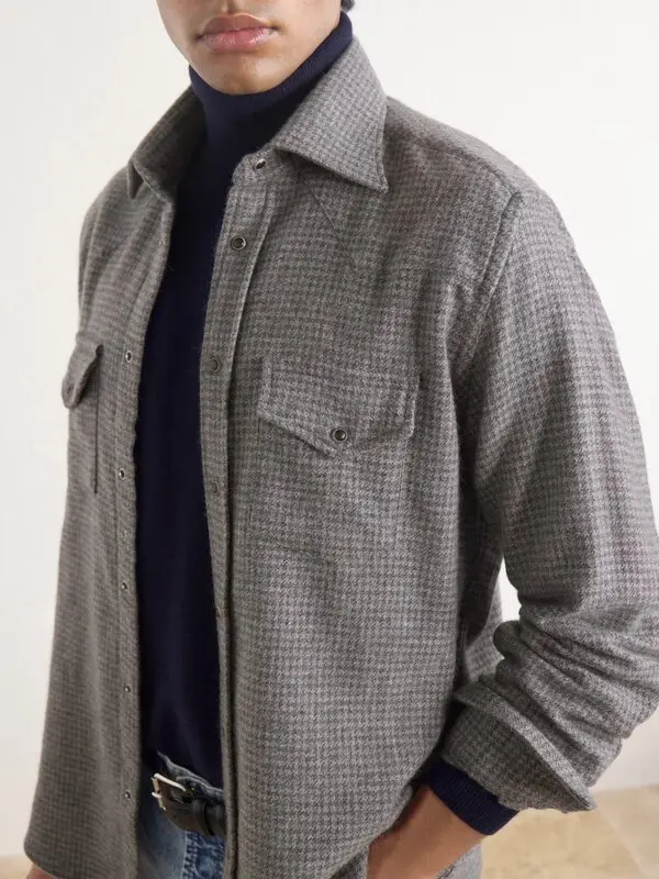 Eleventy Texas Houndstooth Wool And Cashmere-blend Shirt