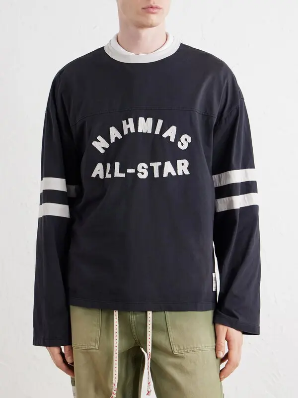 NAHMIAS All Star Varsity Logo-appliquéd Striped Cotton-jersey T-shirt - Black
