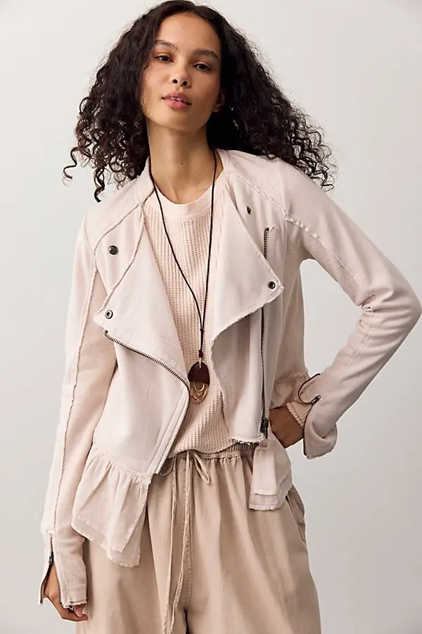 Free People Emerson Zip-up Cardigan With Ruffled Trim