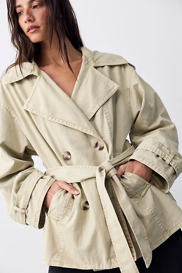 Free People We The Free Lantern Hooded Trench Jacket - Greige Combo