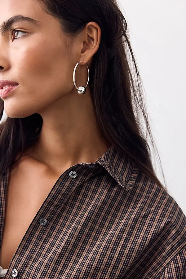 Free People Angie Gold Plated Hoop Earrings With Sphere Accents - Silver
