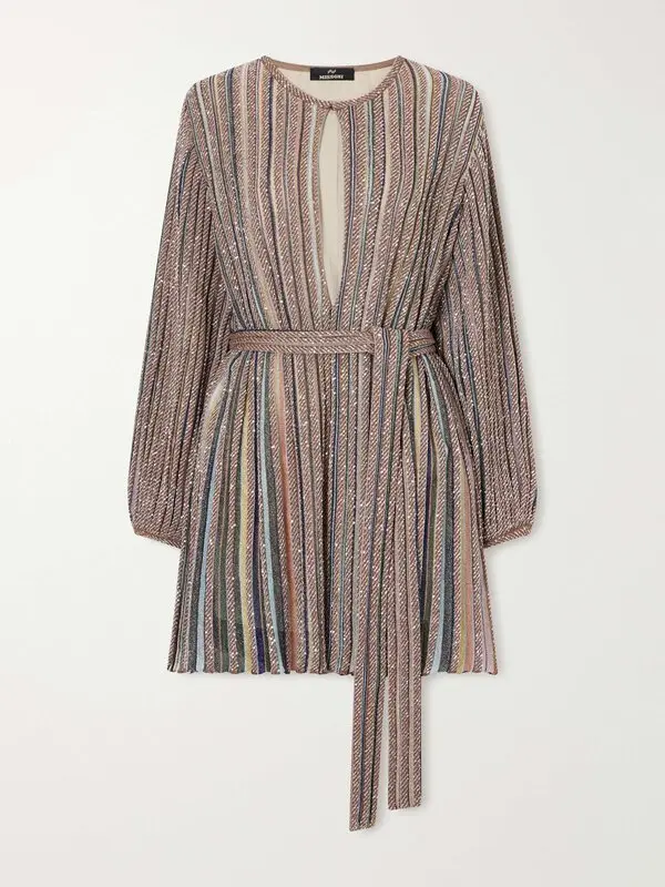 Missoni Belted Sequin-embellished Metallic Crochet-knit Mini Dress