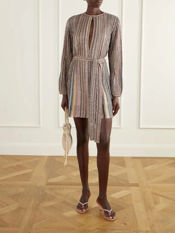 Missoni Belted Sequin-embellished Metallic Crochet-knit Mini Dress
