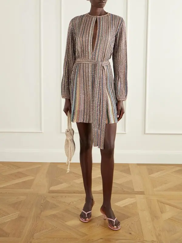Missoni Belted Sequin-embellished Metallic Crochet-knit Mini Dress - Pink