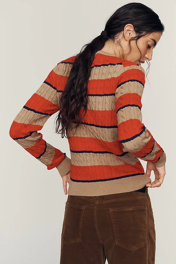Maeve Striped Cable-knit Pullover Sweater - Red Stripe