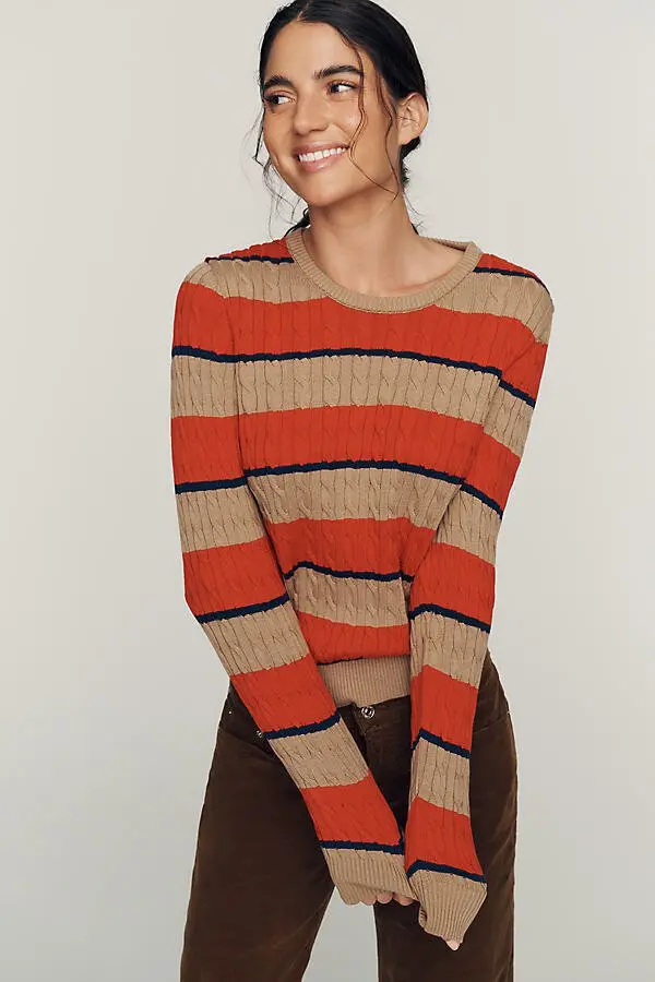 Maeve Striped Cable-knit Pullover Sweater - Red Stripe