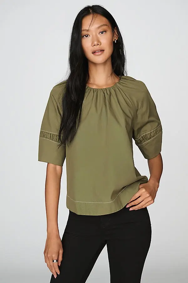 Maeve 100% Cotton Smocked Yoke Puff Sleeve Blouse - Moss