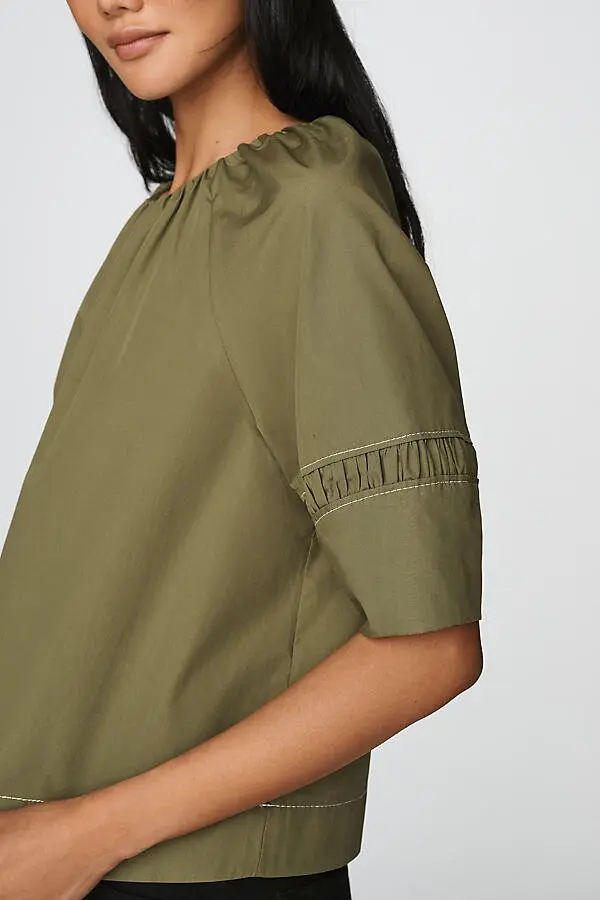 Maeve 100% Cotton Smocked Yoke Puff Sleeve Blouse - Moss