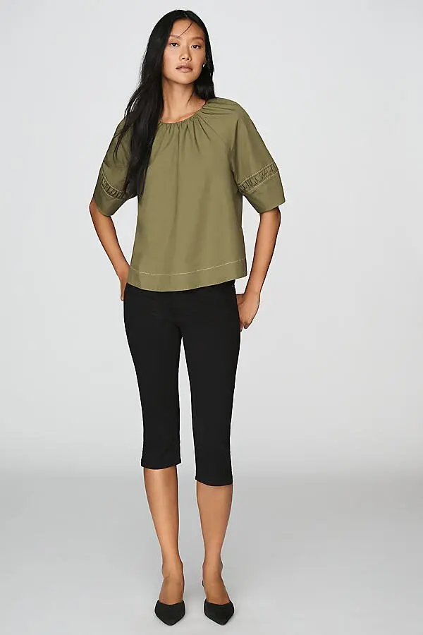 Maeve 100% Cotton Smocked Yoke Puff Sleeve Blouse - Moss