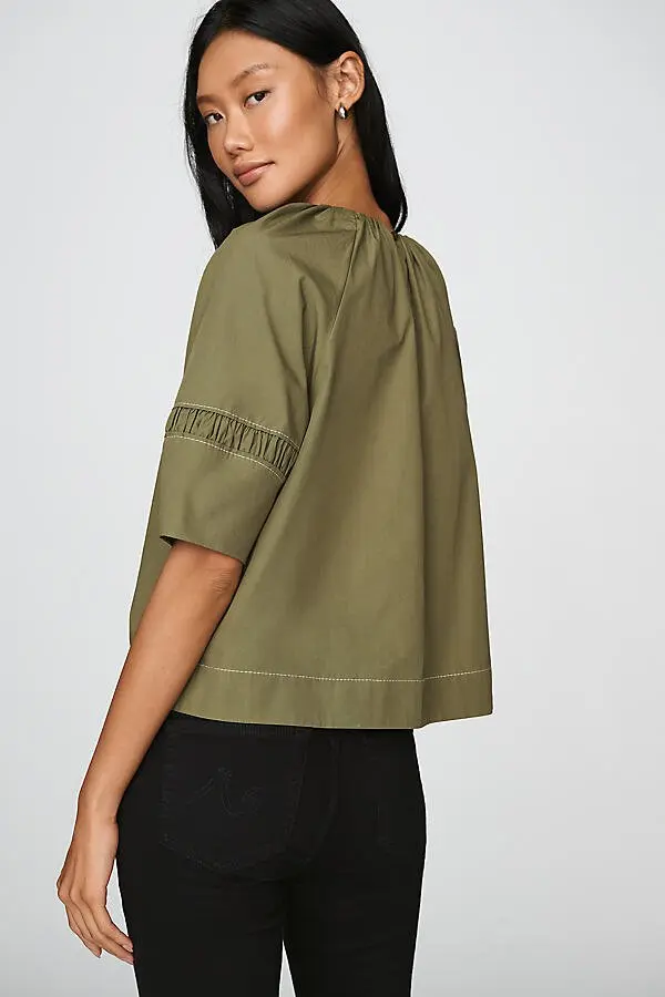 Maeve 100% Cotton Smocked Yoke Puff Sleeve Blouse - Moss