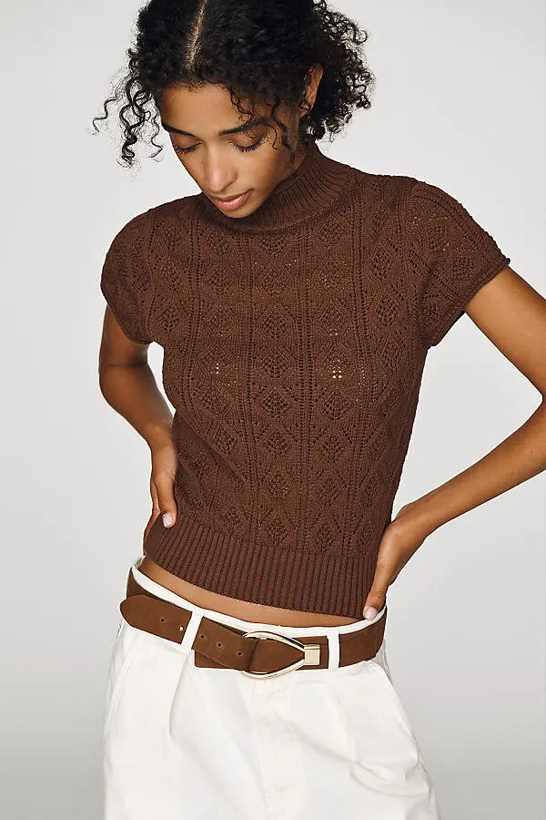 Anthropologie Short-sleeve Cable Knit Mock Neck Sweater
