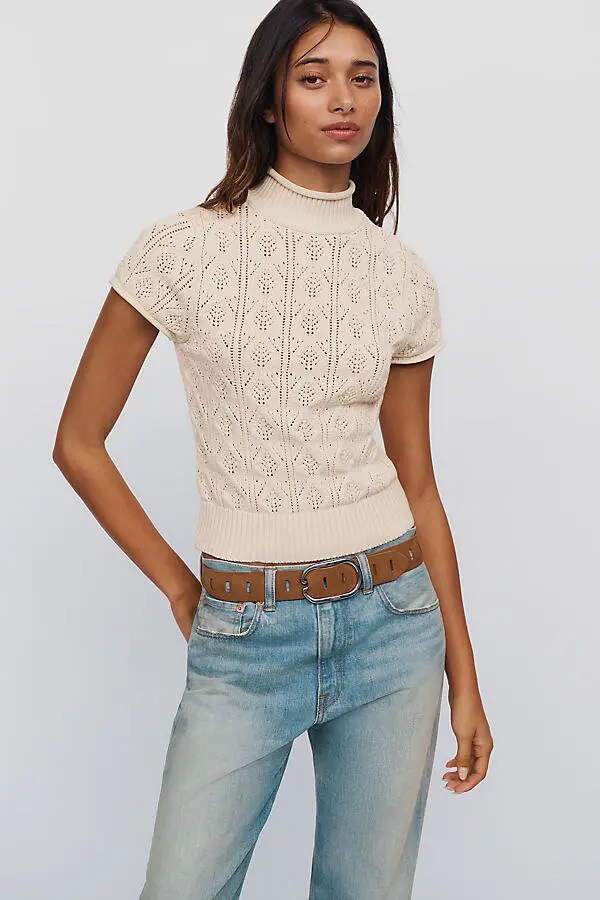 Anthropologie Short-sleeve Cable Knit Mock Neck Sweater - Ivory