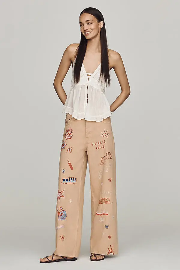 MOTHER Embroidered Mid-rise Wide-leg Ankle Jeans