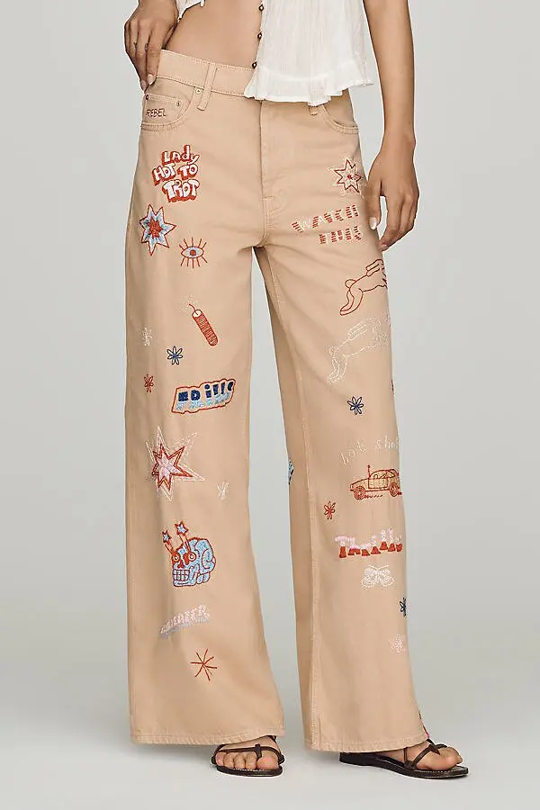 MOTHER Embroidered Mid-rise Wide-leg Ankle Jeans
