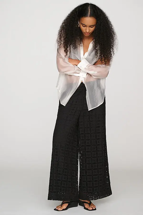 OLLARI 100% Cotton Striped Cutwork Track Pants