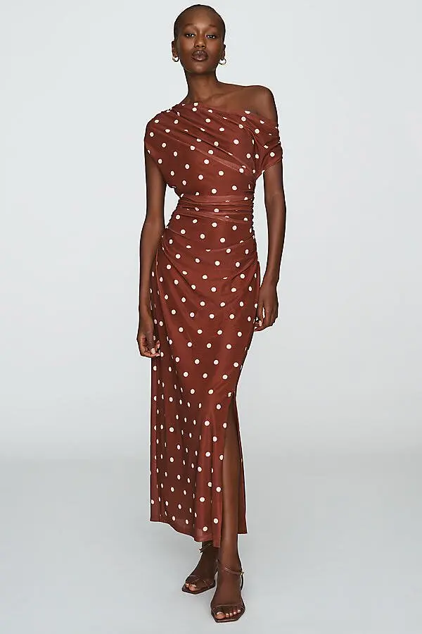 Endless Rose Off-shoulder Polka Dot Mesh Midi Dress - Brown Dot