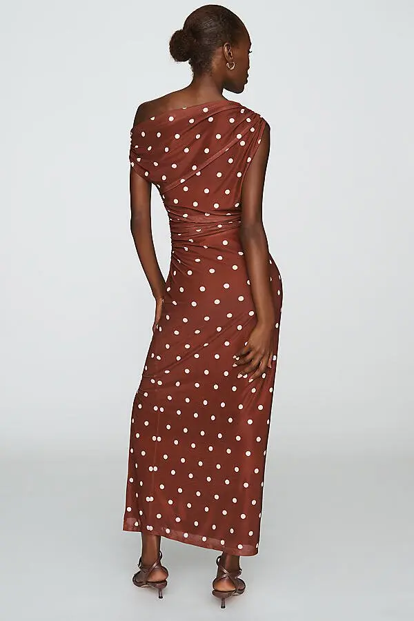Endless Rose Off-shoulder Polka Dot Mesh Midi Dress - Brown Dot
