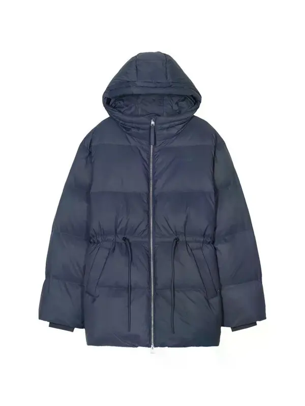 Closed Hooded Padded Jacket With Drawstring Waist - Blue