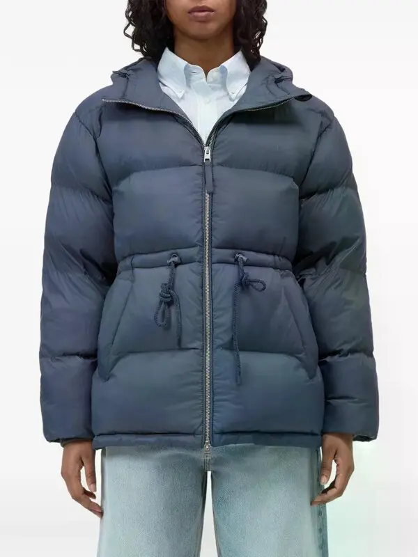 Closed Hooded Padded Jacket With Drawstring Waist - Blue