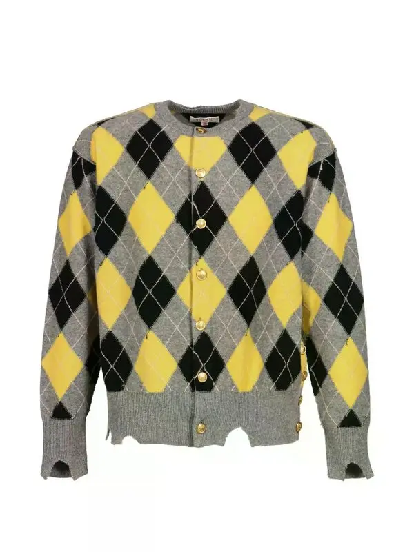 MASU Argyle Intarsia Distressed Cardigan