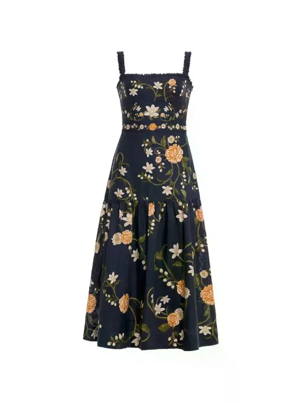 Agua Bendita Nispero Valle Embroidered Ruffled Midi Dress - Blue