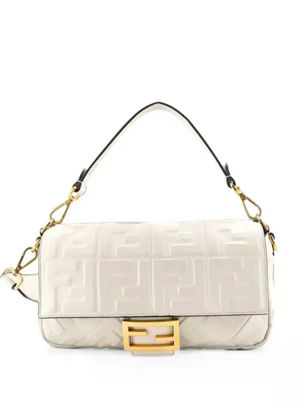 Fendi Baguette Nm Bag Zucca Embossed Leather Medium Crossbody Bag - White
