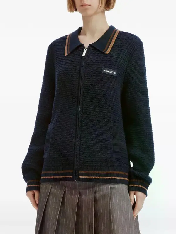 Izzue Zip-up Cardigan With Textured Knit And Stripe Trim