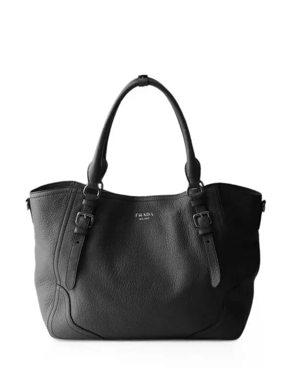 Prada Large Leather Tote Bag With Buckled Details - Black