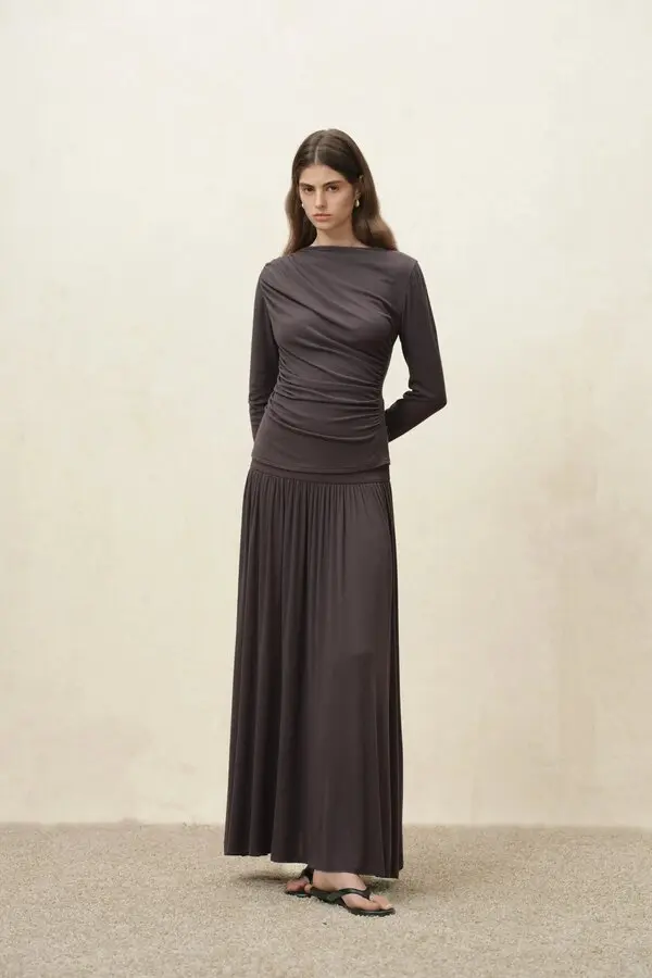 Fabrique Nyx Drapy Ruched Off-shoulder Top In Tencel Blend - Grey
