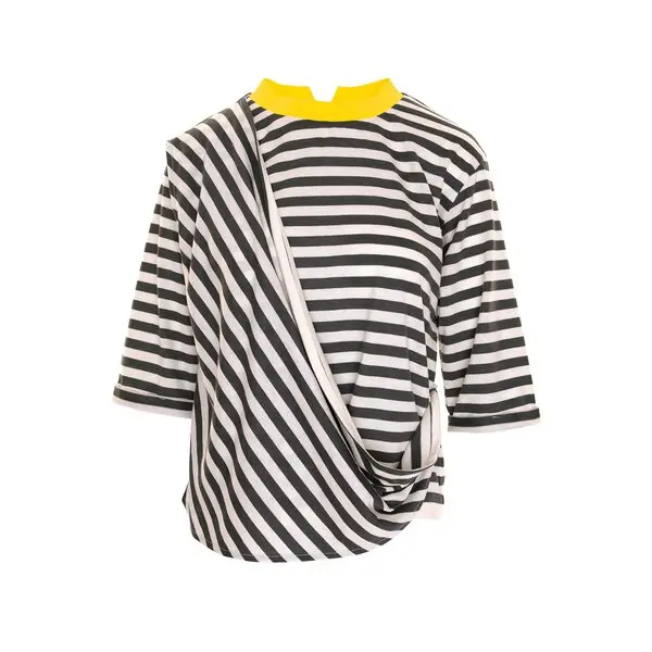 LARISA DRAGNA Grey / White / Yellow Striped T-shirt With A Yellow Collar - Grey/white/yellow