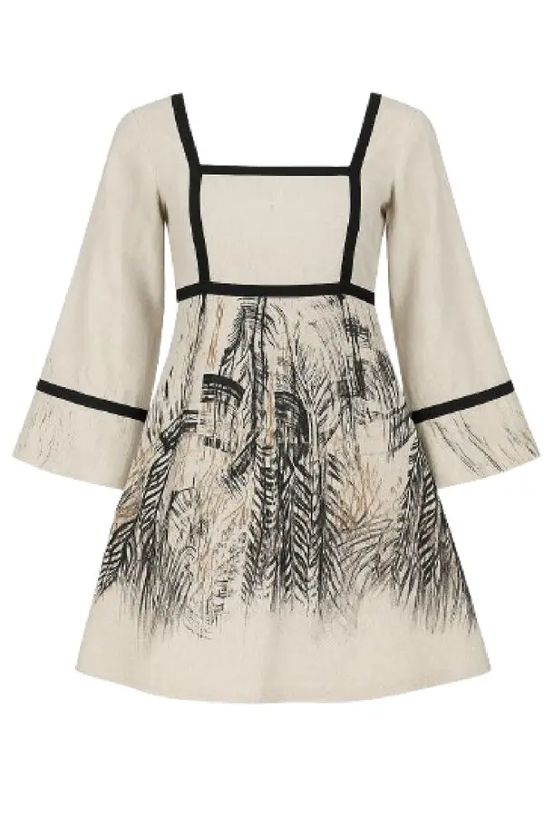 CONQUISTA Square Neck Flared Sleeve Printed Linen Dress