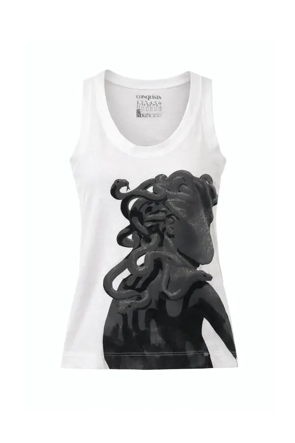 CONQUISTA Art Print Sleeveless Cotton Tank Top - White