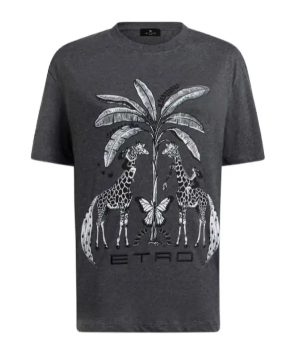 Etro Cotton Jersey T-shirt With Placed Giraffe Print - Grey