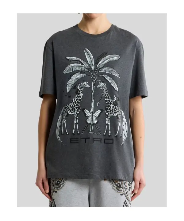 Etro Cotton Jersey T-shirt With Placed Giraffe Print - Grey