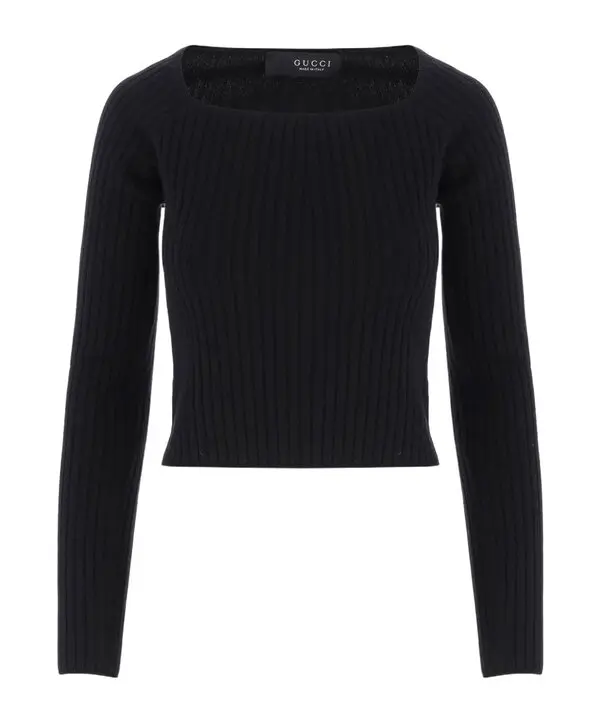 Gucci Ribbed Wool Cashmere Boat Neck Top - Black