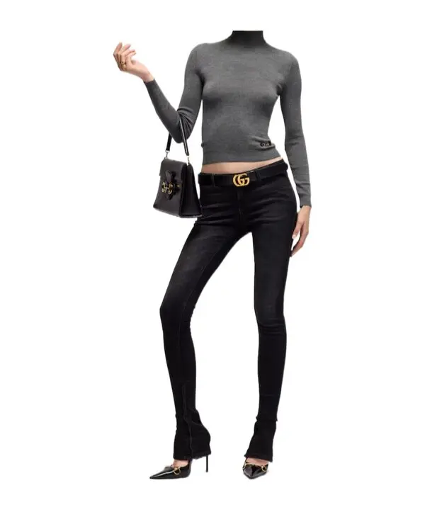 Gucci Fine Rib Knit Wool Top With Horsebit Detail - Grey