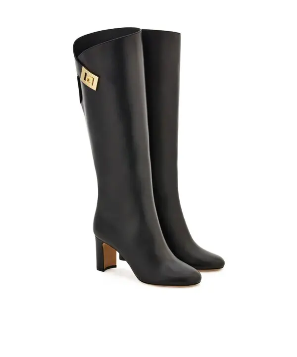 FERRAGAMO Knee High Buckled Boots - Black
