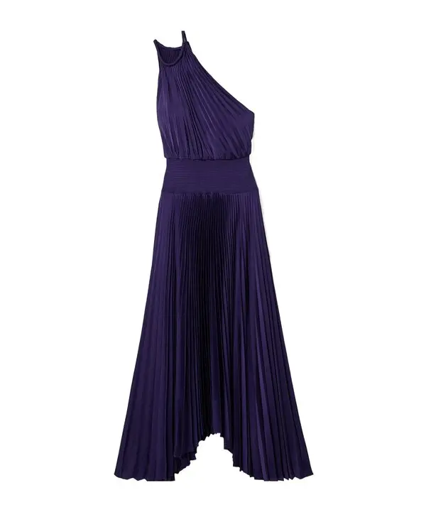A.L.C. Asymmetrical Pleated Satin Midi Dress