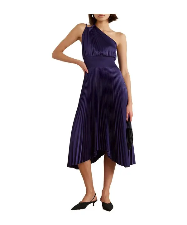 A.L.C. Asymmetrical Pleated Satin Midi Dress