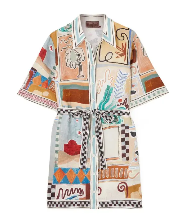 ALEMAIS Artgraffiti Printed Short Sleeve Shirt Dress With Checkered Belt - White