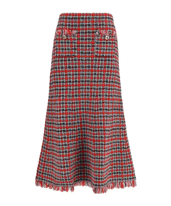 SELF-PORTRAIT Frayed Knit Midi Skirt - Red