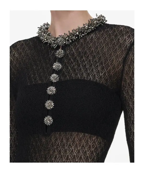 SELF-PORTRAIT Embellished Pointelle Knit Bodysuit