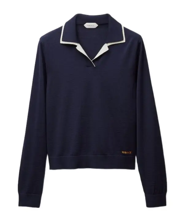 Versace Wool Knit Polo Sweater With Embroidered Logo - Blue