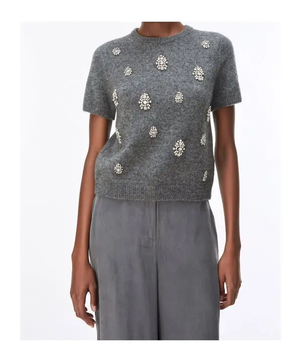 IBLUES Embroidered Wool & Alpaca Blend Short Sleeve Sweater