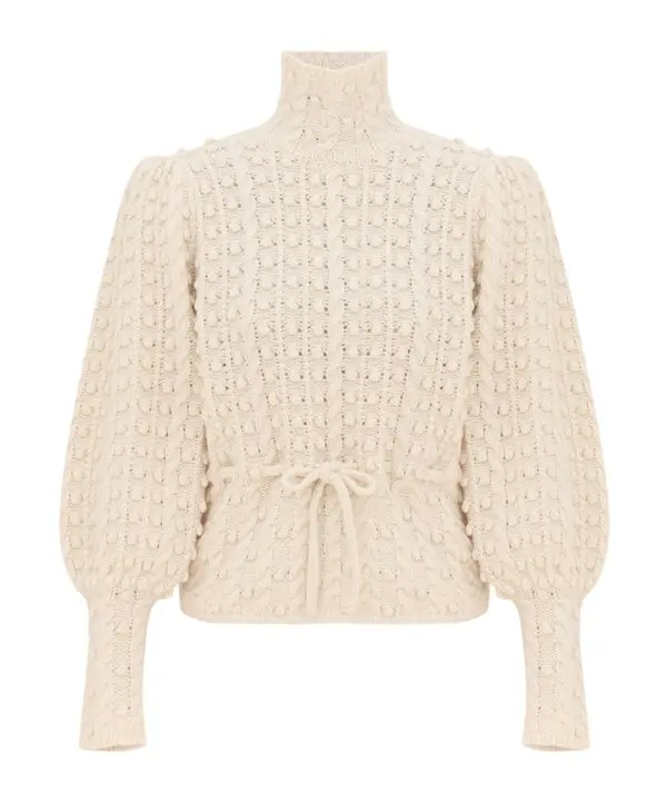 Zimmermann Textured High Neck Long Sleeve Sweater With Detachable Belt - Cream