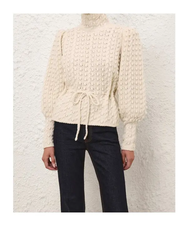Zimmermann Textured High Neck Long Sleeve Sweater With Detachable Belt - Cream