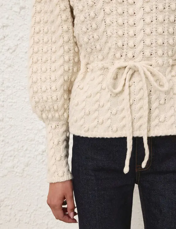 Zimmermann Textured High Neck Long Sleeve Sweater With Detachable Belt - Cream